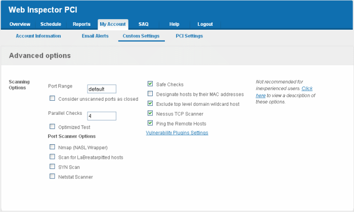 Custom Settings, Vulnerability Management, PCI scan | COMODO Web Inspector